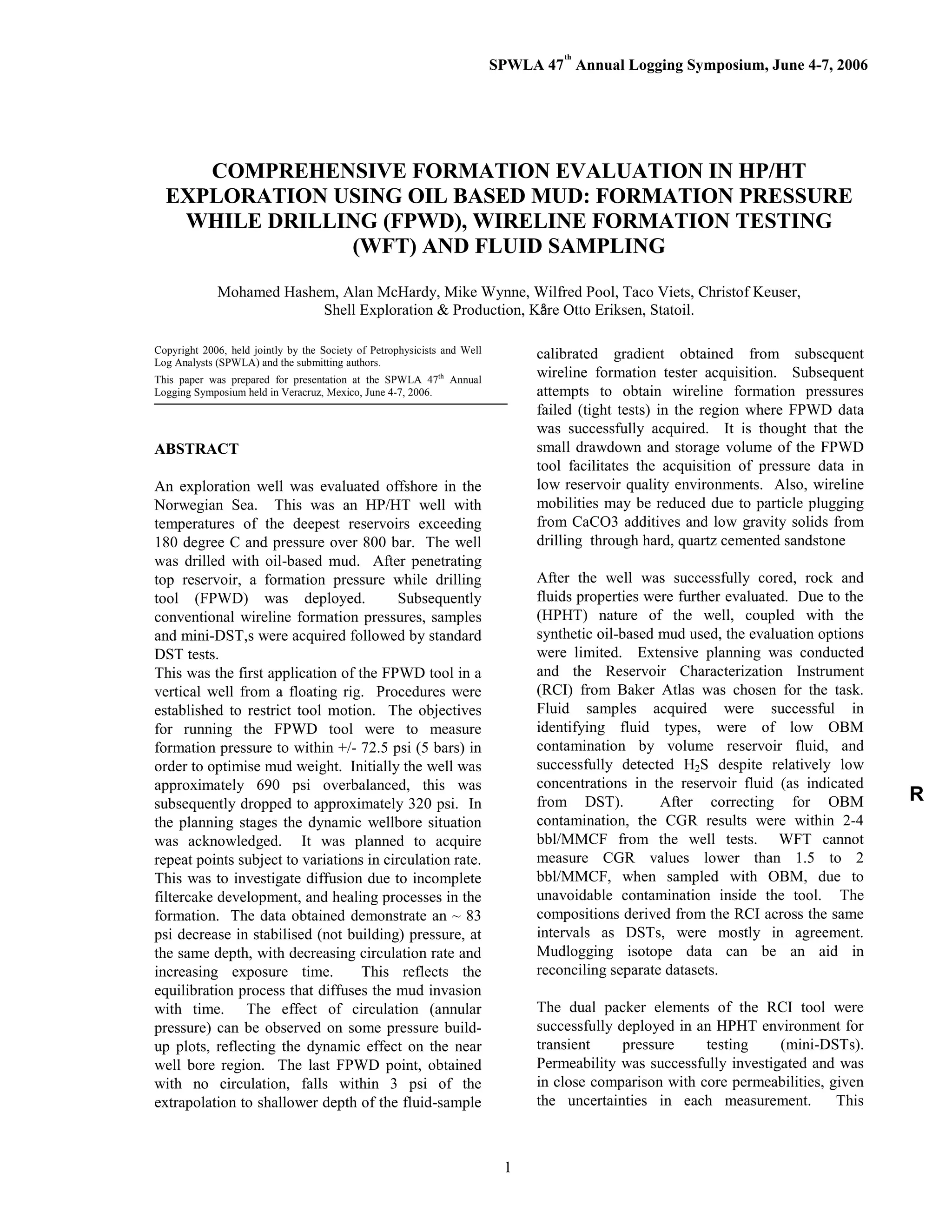 HPHT LWD & EWL formation testing SPWLA 2006 | PDF