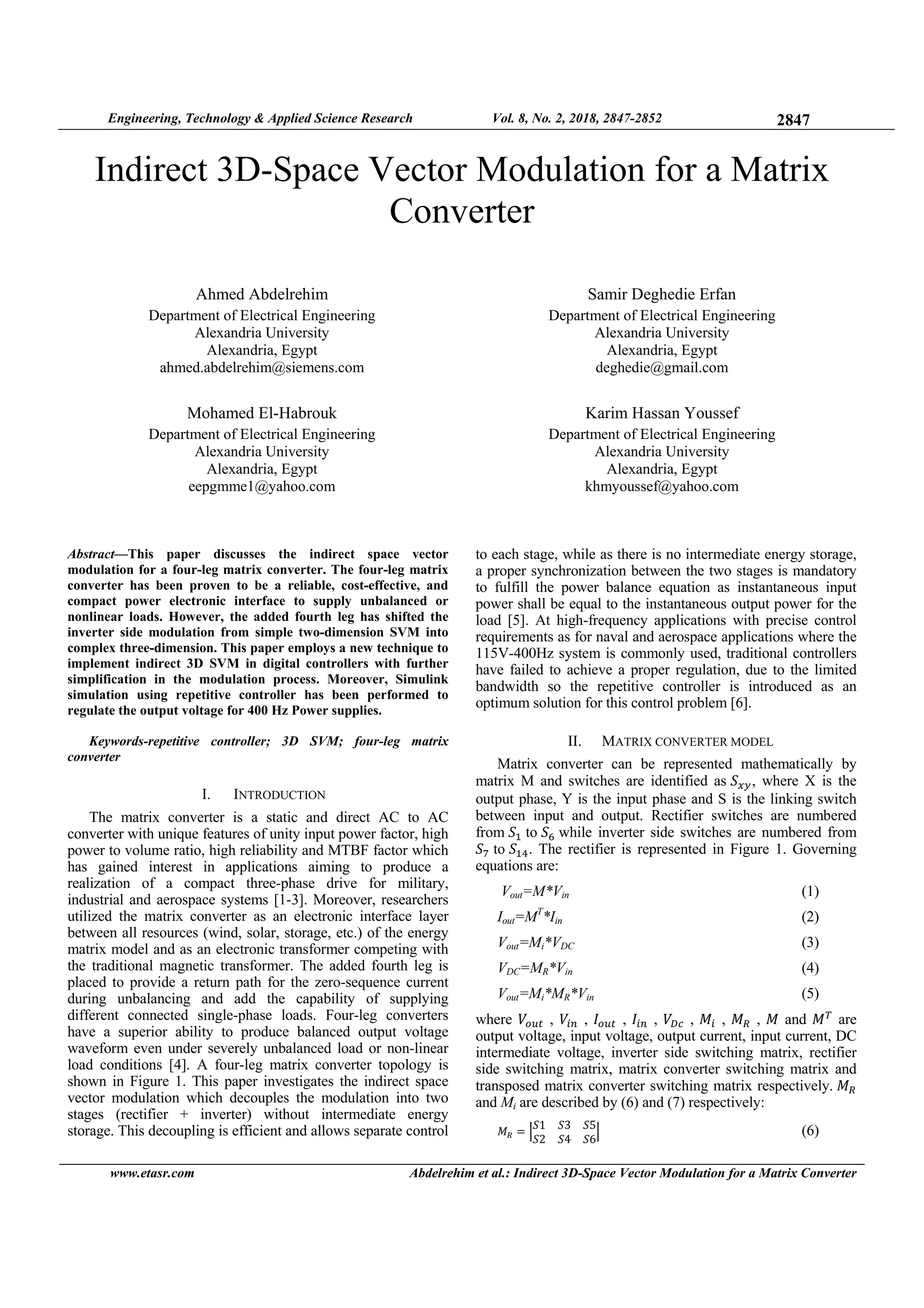 Indirect 3d Space Vector Modulation For A Matrix Converter Pdf