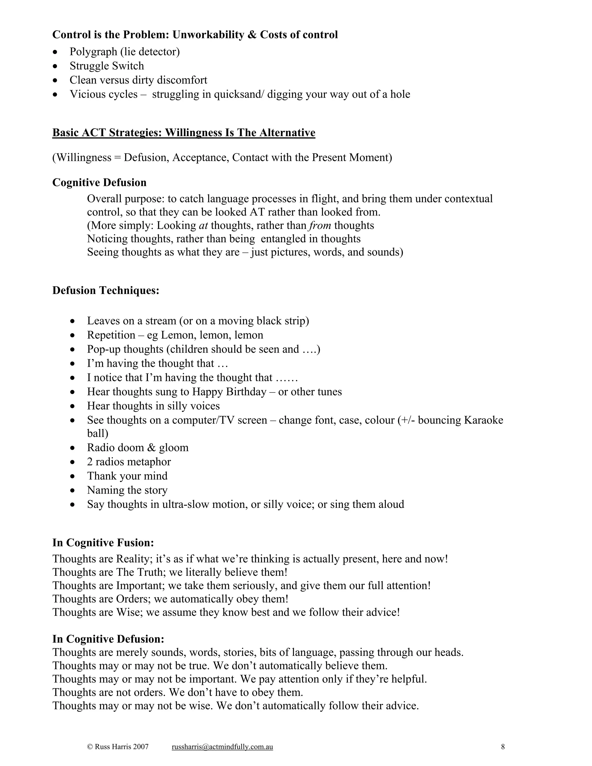 Acceptance and Commitment Therapy (ACT) Introductory Workshop Handout ...