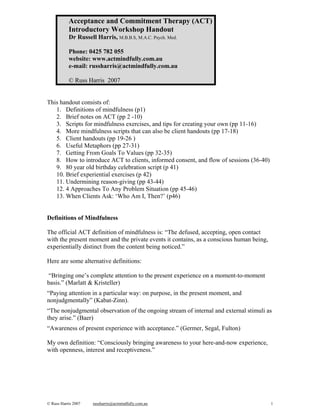 Acceptance and Commitment Therapy (ACT) Introductory Workshop Handout ...