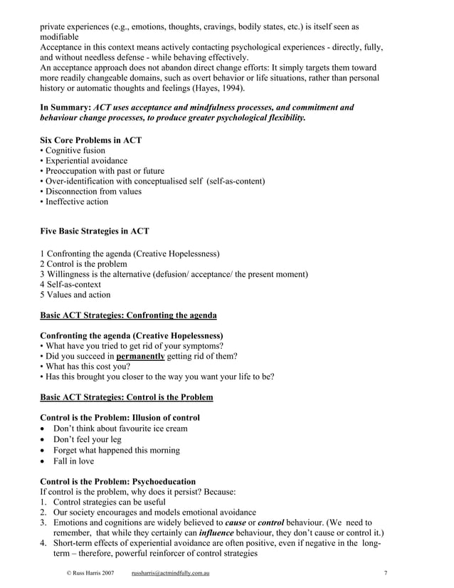 Acceptance and Commitment Therapy (ACT) Introductory Workshop Handout ...