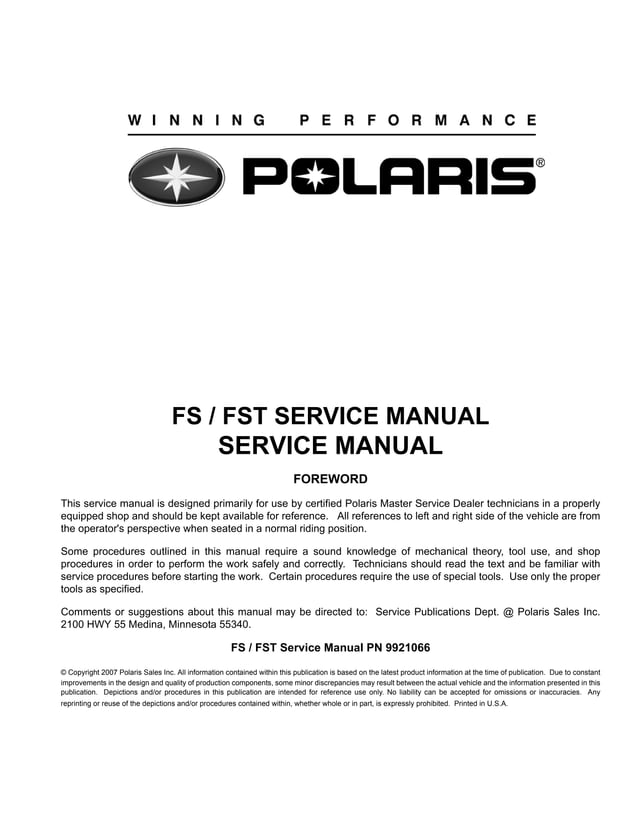 2007 polaris fst iq snowmobile service repair manual | PDF