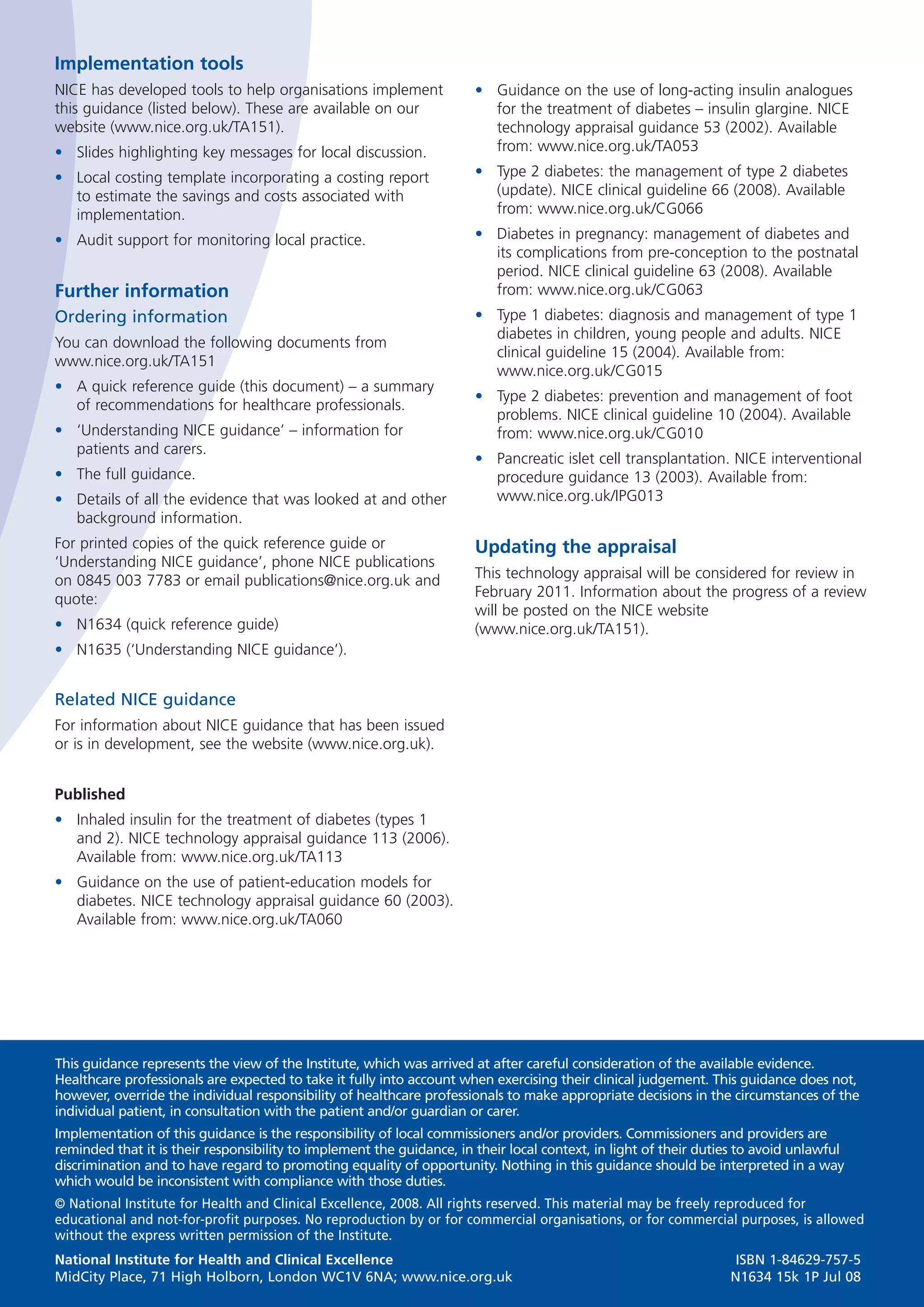 2008 Nice insulin pump quick reference guidelines | PDF