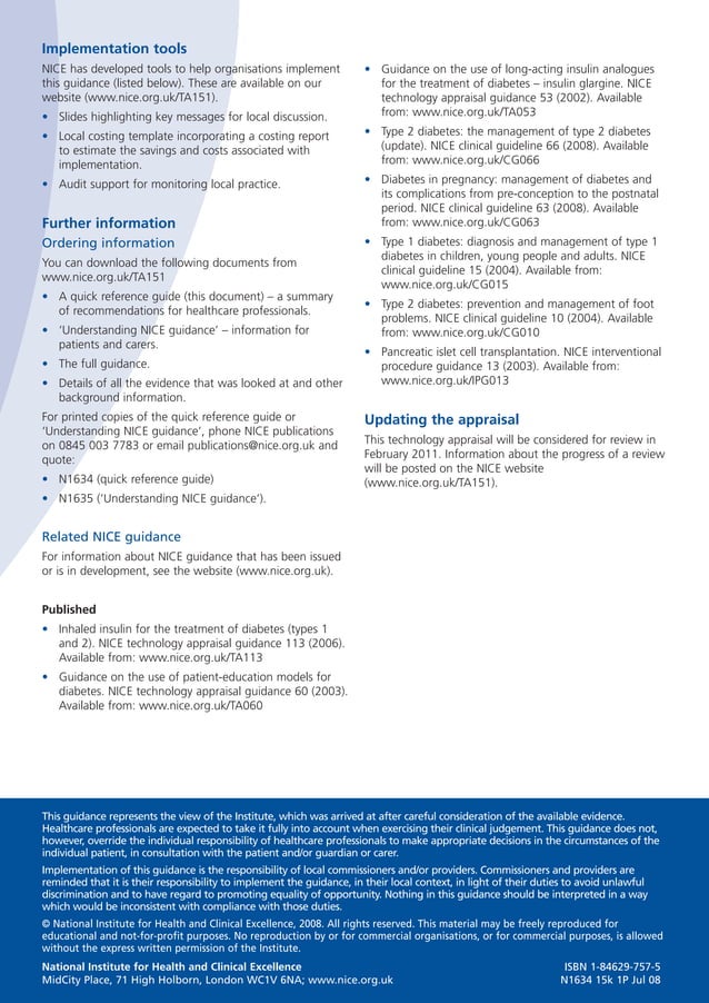 2008 Nice insulin pump quick reference guidelines | PDF