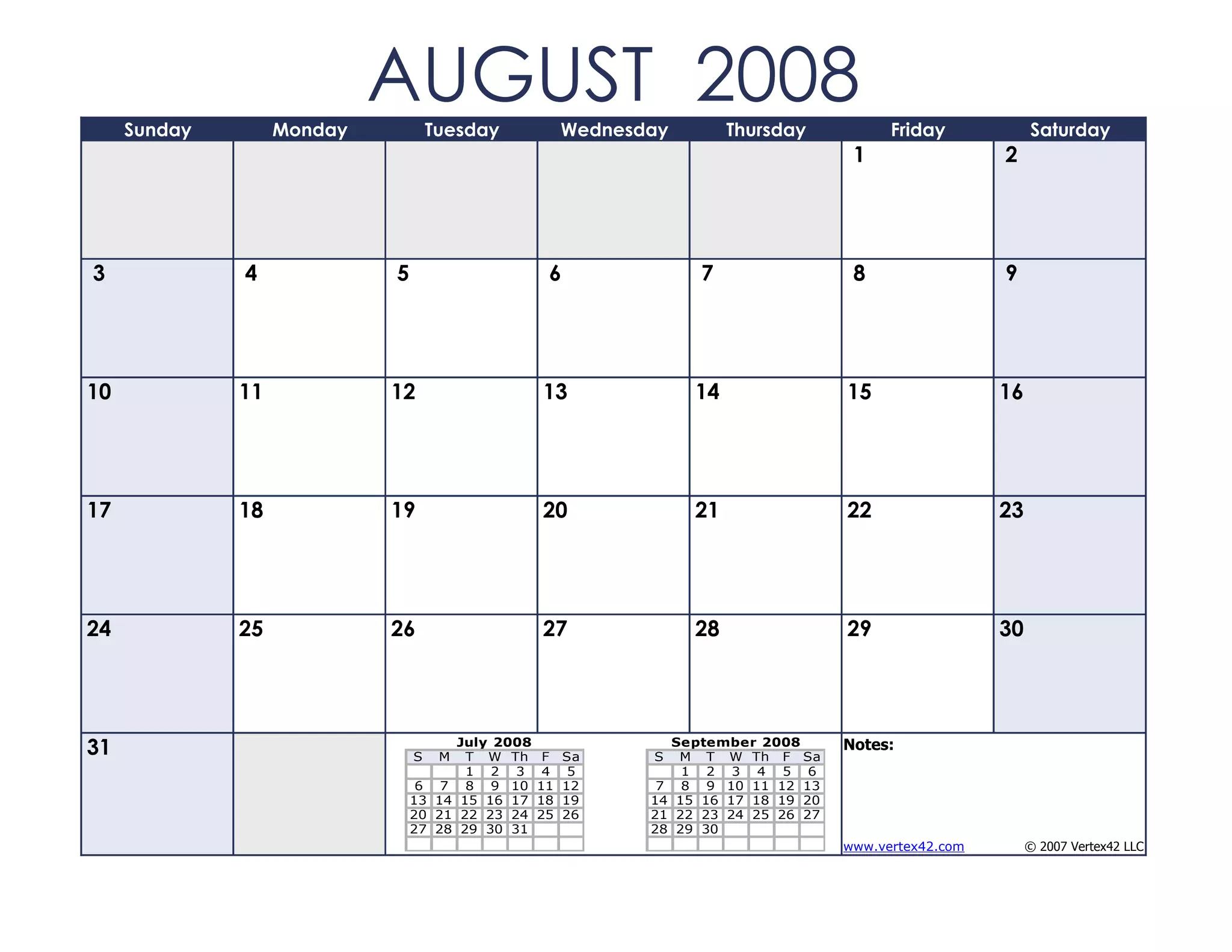 2008 Calendar | XLS