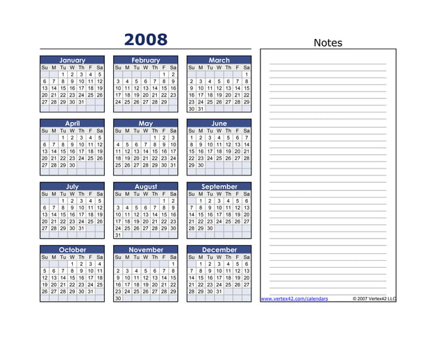 2008 Calendar | XLS