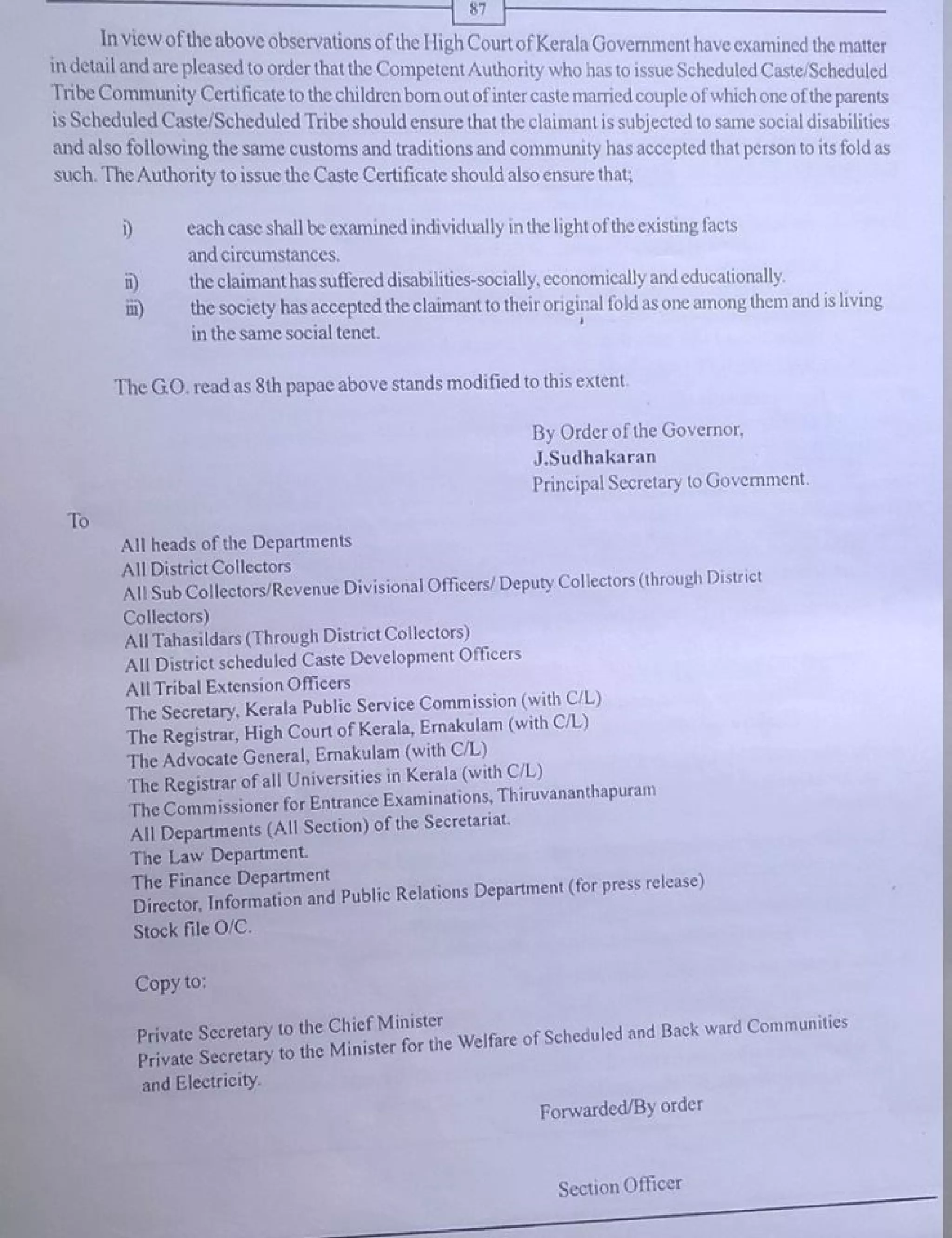 G.O(MS)NO.109/2008/SCSTDD dated 20.11.2008 caste status of children of ...