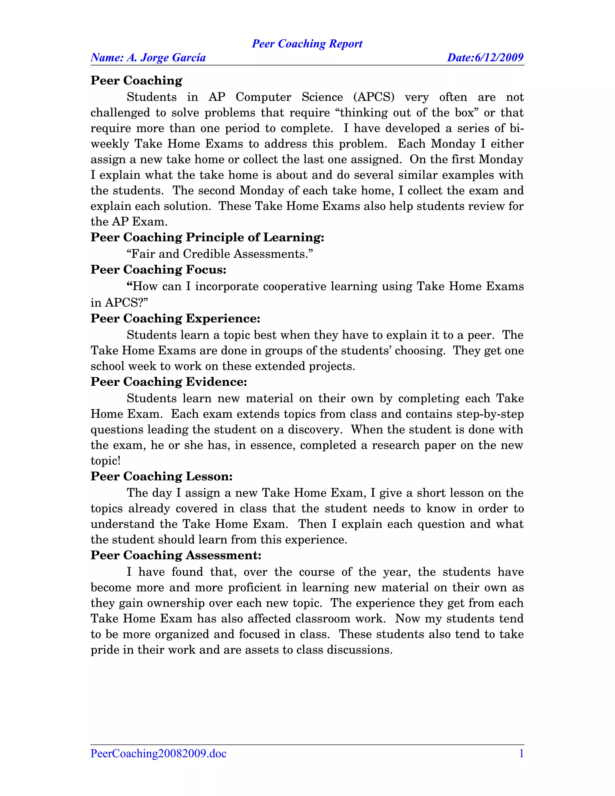 2008 Peer Coaching Memo | PDF