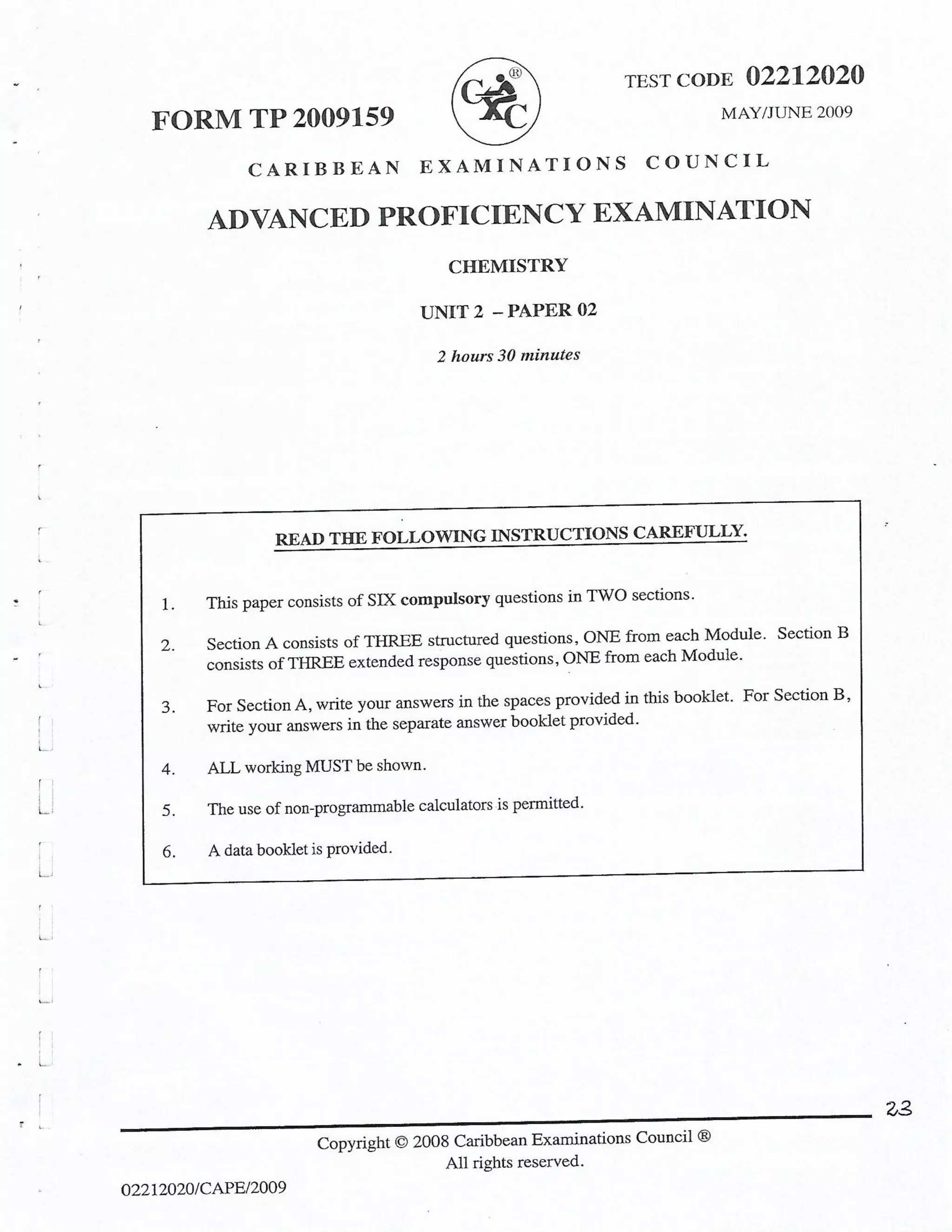 CAPE Chemistry Unit 2 Paper 2 2009 | PDF