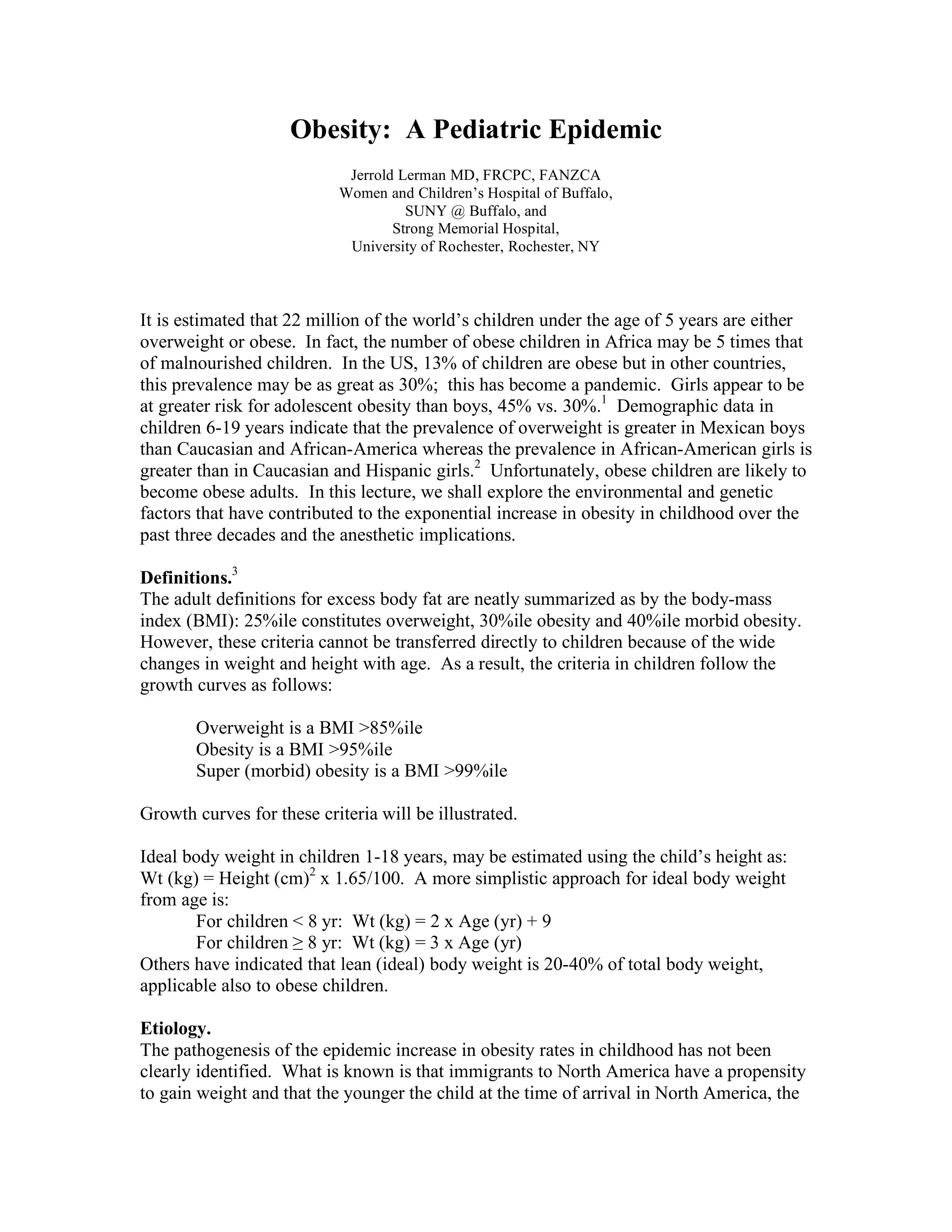 Obesity: A Pediatric Epidemic | PDF