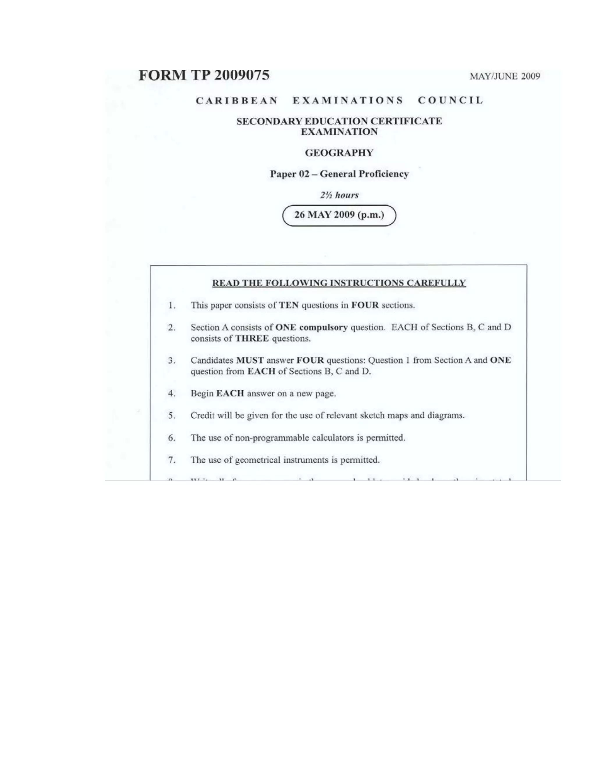 CSEC GEOGRAPHY PAST PAPER- PAPER 2- 2009 | PDF