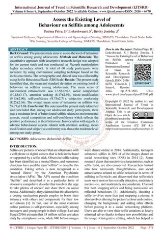 Assess the Existing Level of Behaviour on Selfitis among Adolescents | PDF