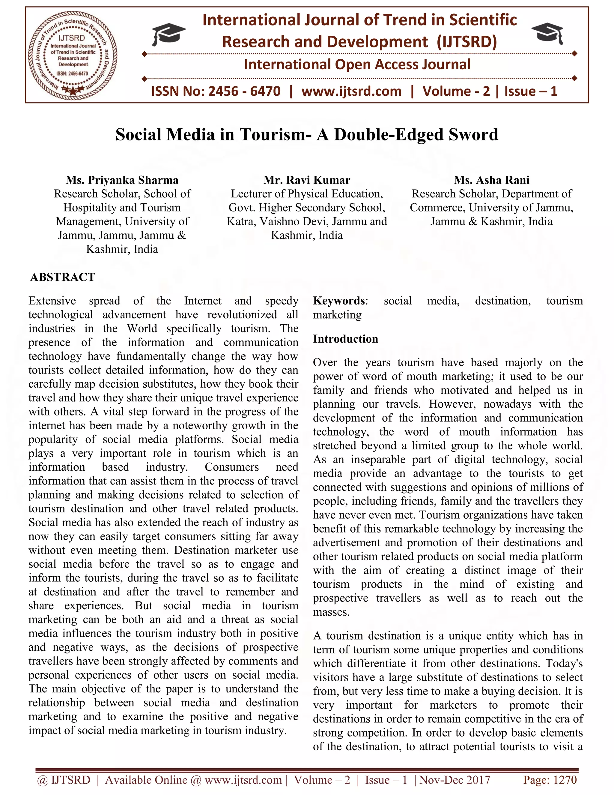 Social Media in Tourism- A Double-Edged Sword | PDF