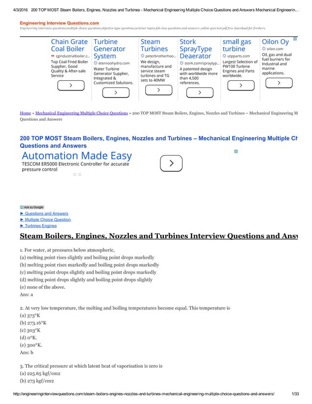 200 top most steam boilers, engines, nozzles and turbines mechanical engineering multiple choice ...