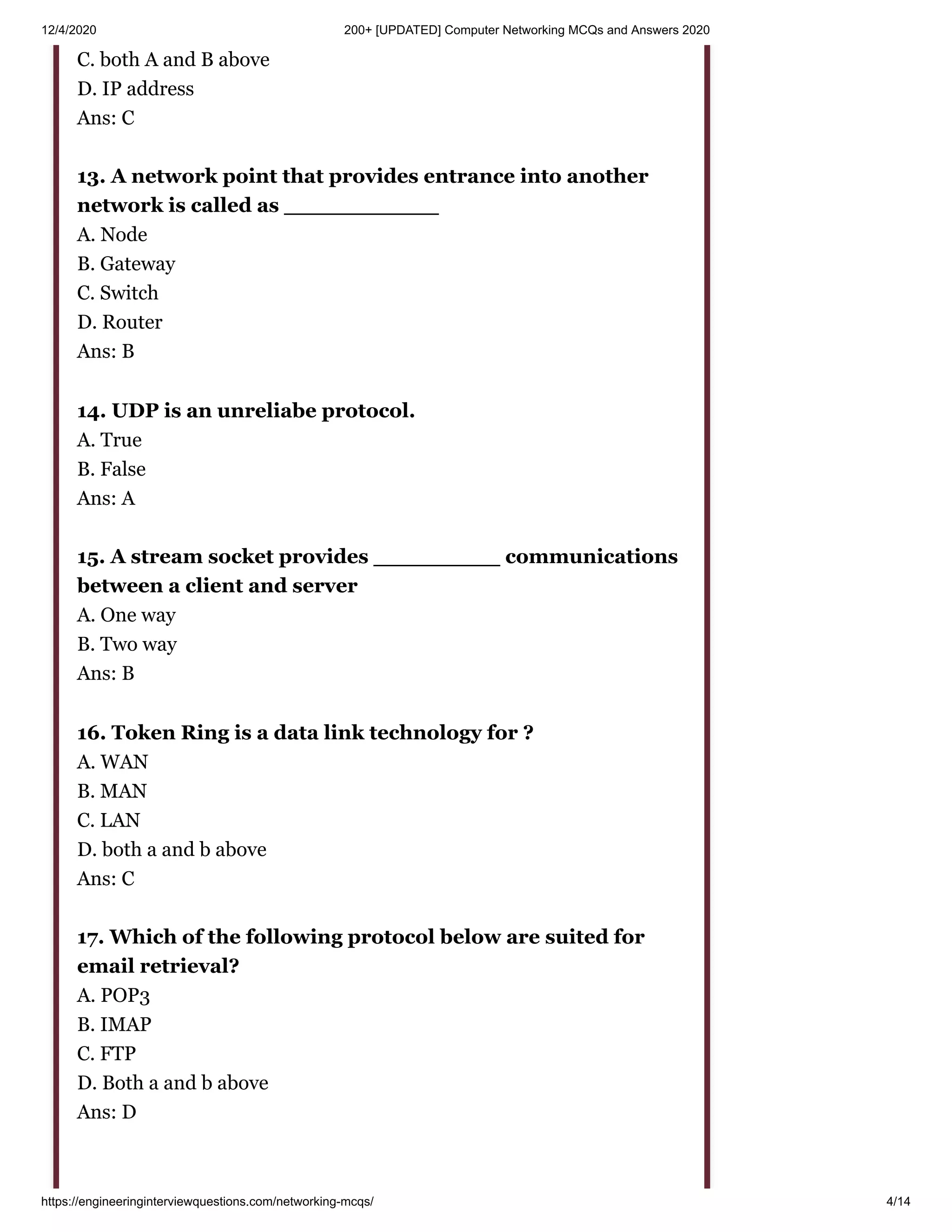 200+ [updated] computer networking mc qs and answers 2020 | PDF | Internet | Computing