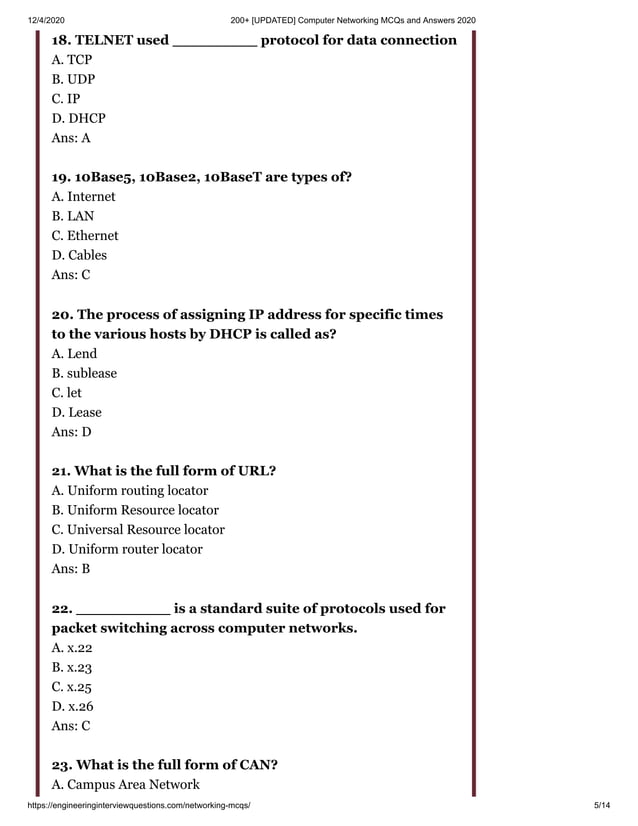 200+ [updated] computer networking mc qs and answers 2020 | PDF | Internet | Computing