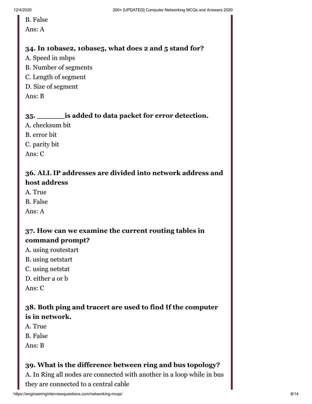 200 Updated Computer Networking Mc Qs And Answers 2020 Pdf Internet Computing