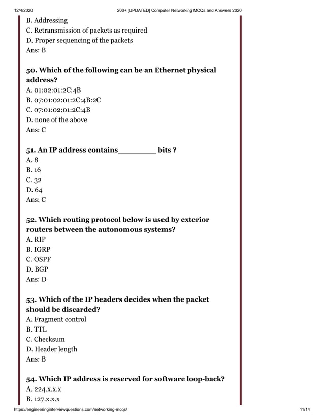 200+ [updated] computer networking mc qs and answers 2020 | PDF