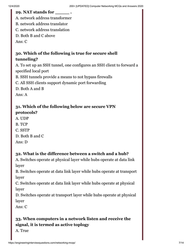 200+ [updated] computer networking mc qs and answers 2020 | PDF