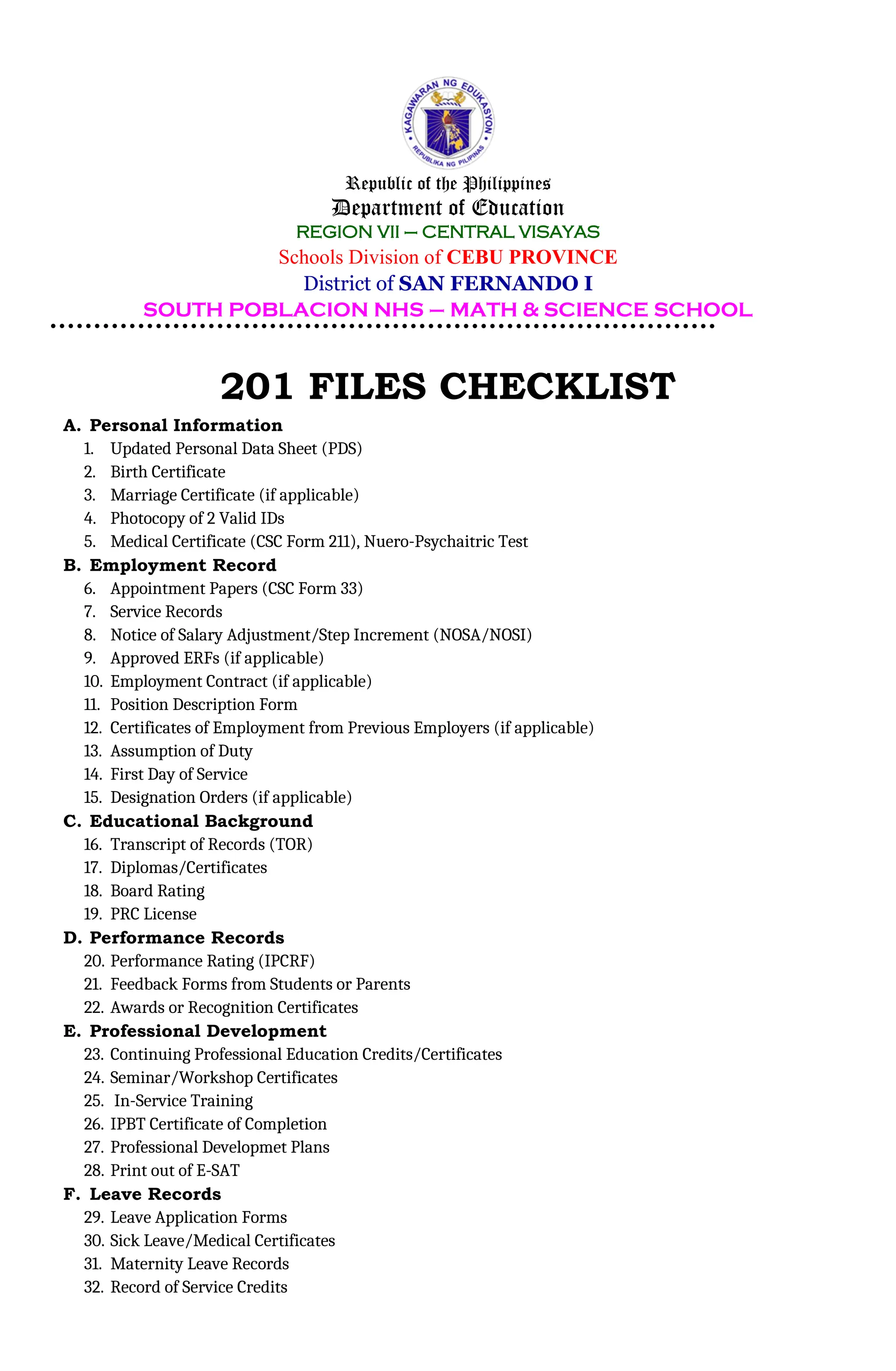 201-Files-Checklist for School Files.docx