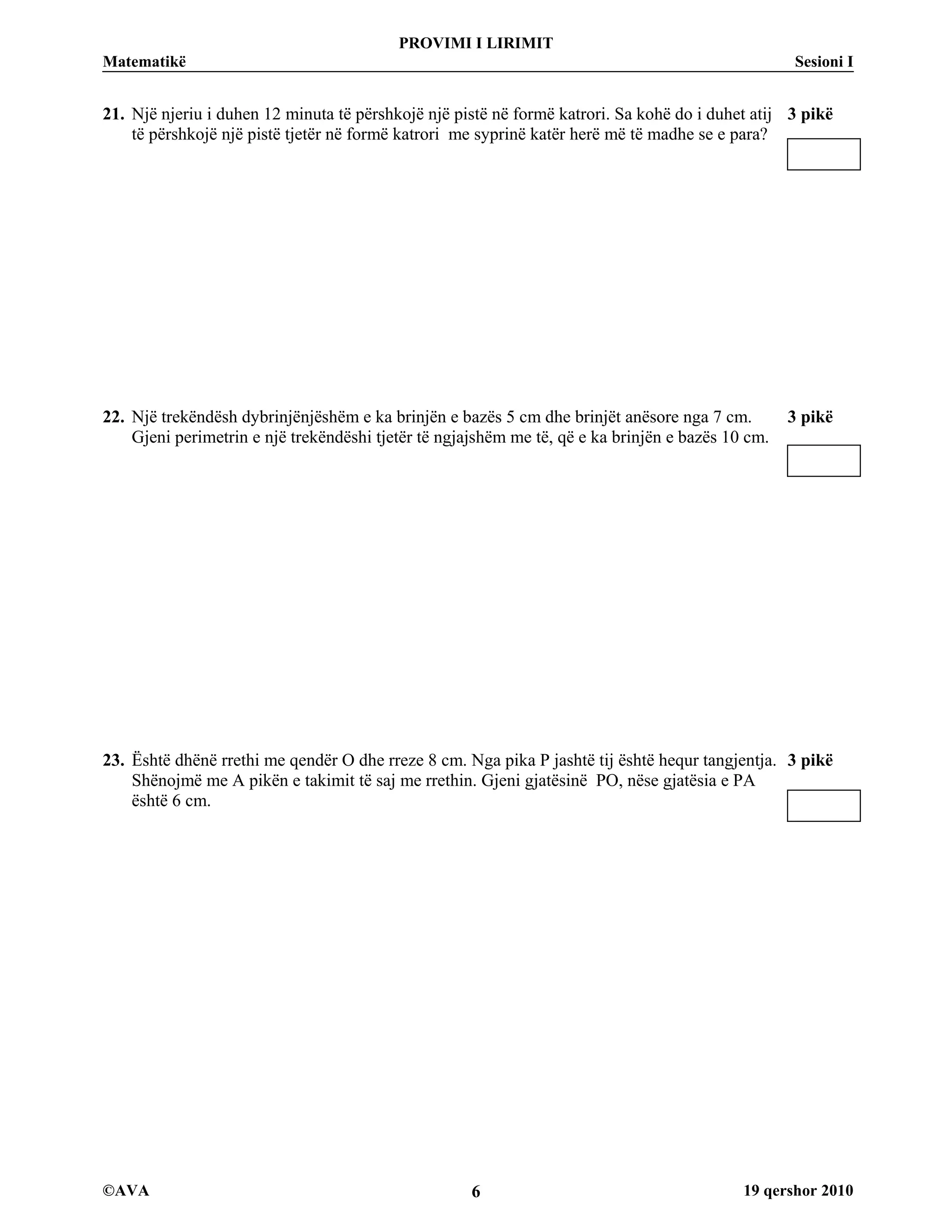 Provimi i lirimit 2010 Matemnatike | PDF
