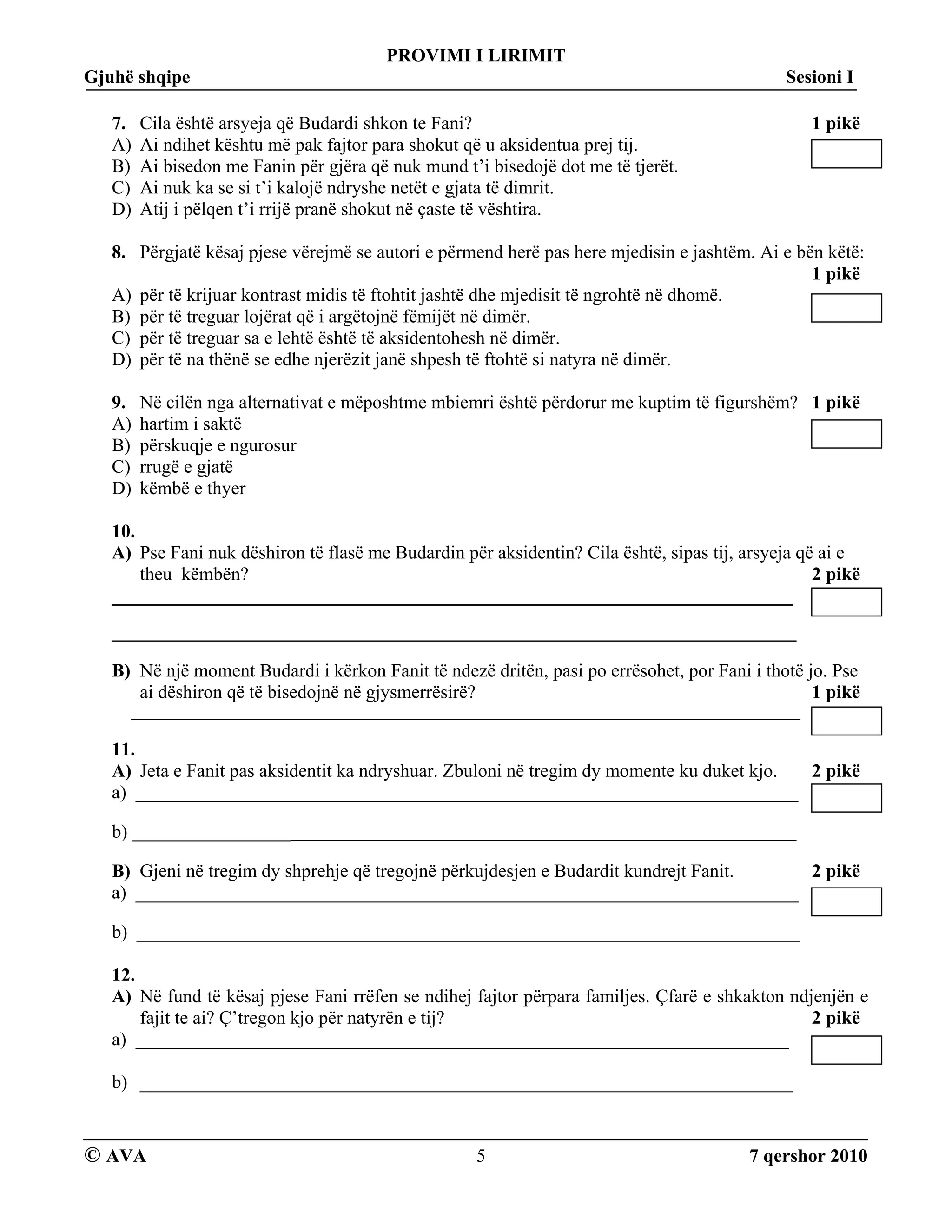 Provimi i lirimit 2010 Gjuhe Shqipe | PDF