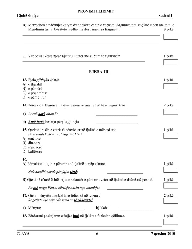 Provimi i lirimit 2010 Gjuhe Shqipe | PDF