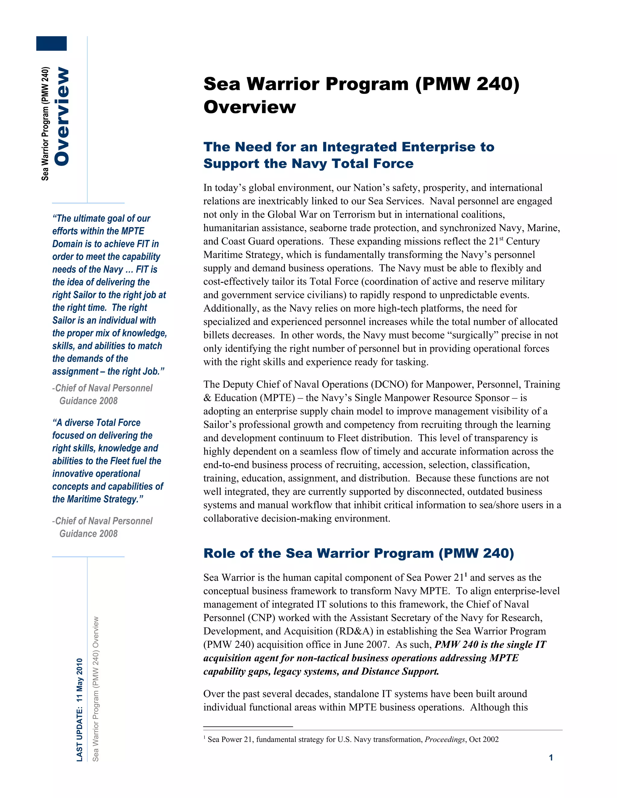 Sea Warrior Program (PEO-EIS PMW 240) 8-pg overview story | DOC