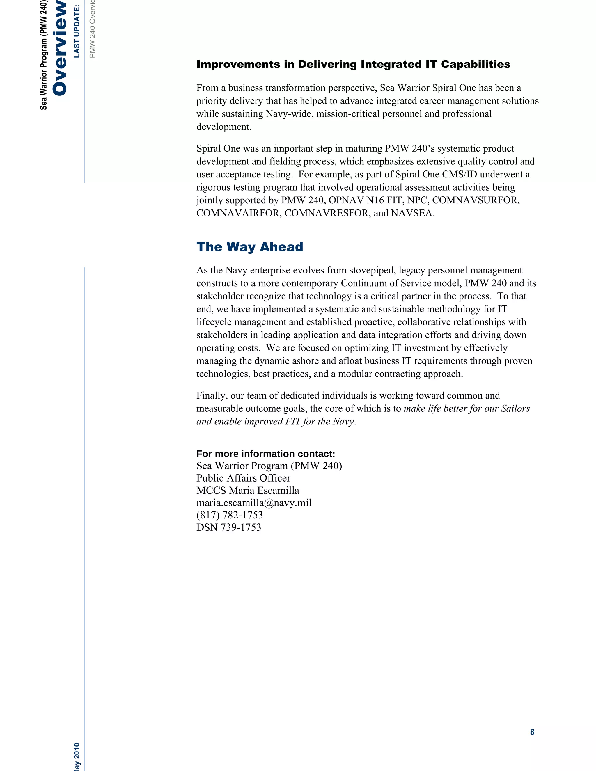 Sea Warrior Program (PEO-EIS PMW 240) 8-pg overview story | DOC