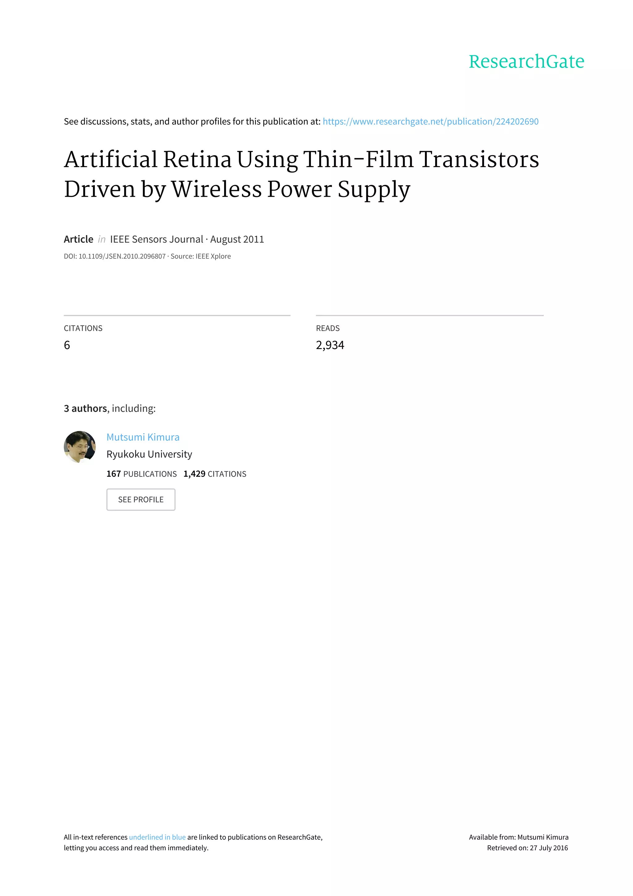 IEEE BASE paper on artifical retina using TTF technology | PDF