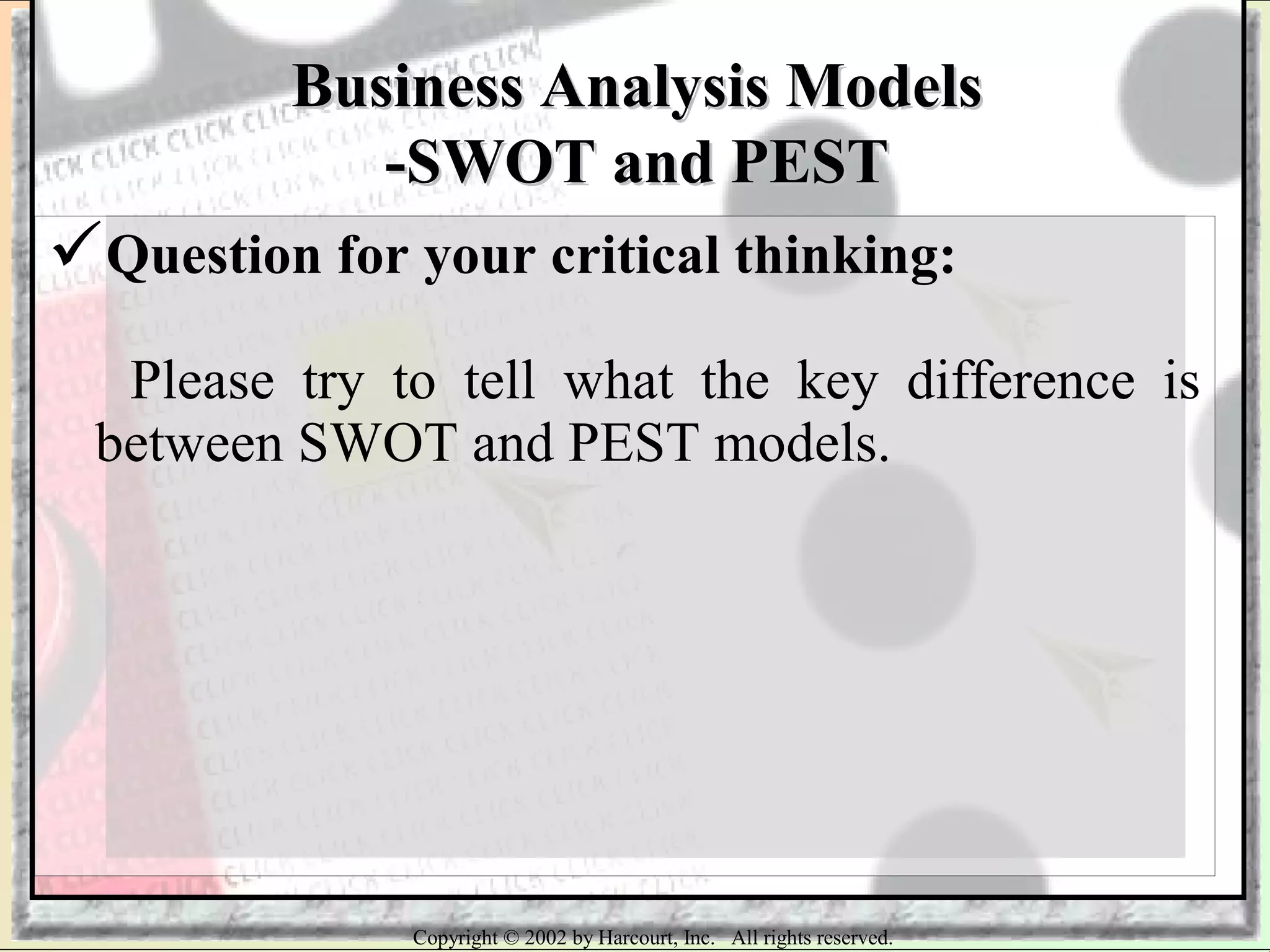 SWOT and PEST analysis - Strategic Management | PPT