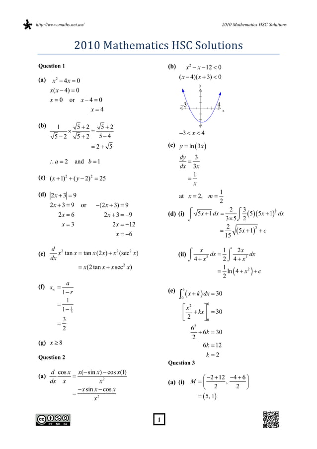 2010 mathematics hsc solutions | PDF