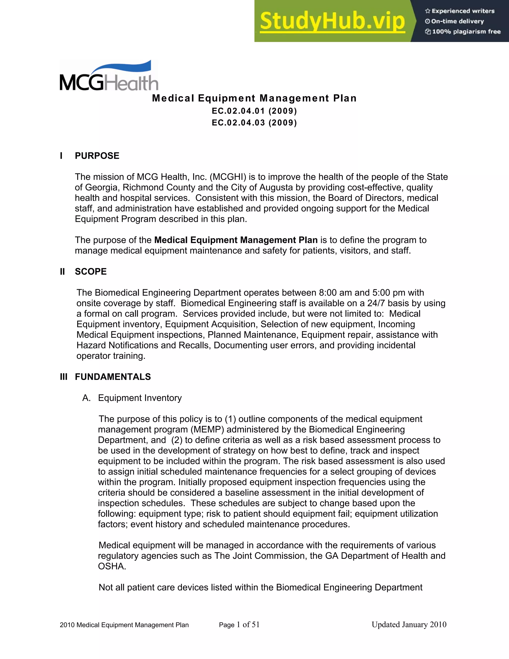 2010 Medical Equipment Management Plan Medical Equipment Management ...