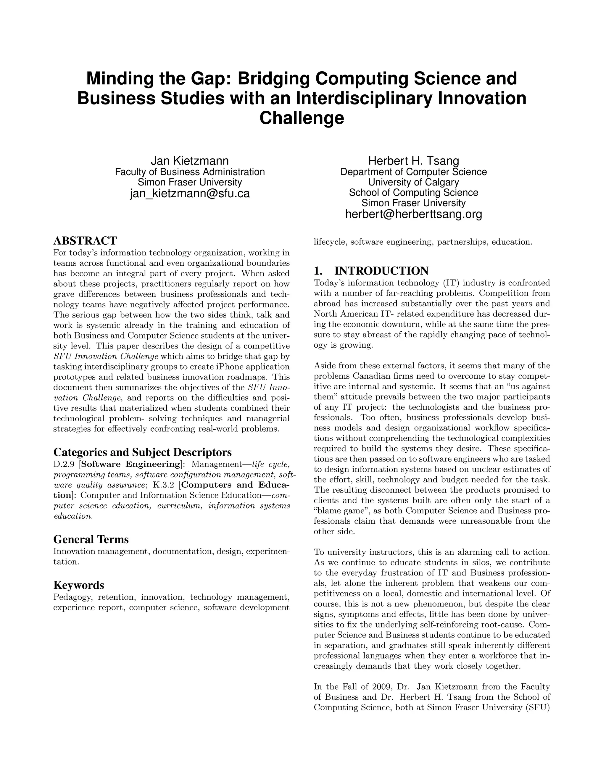 Minding the gap: Bridging Computing Science and Business Studies with an Interdisciplinary ...