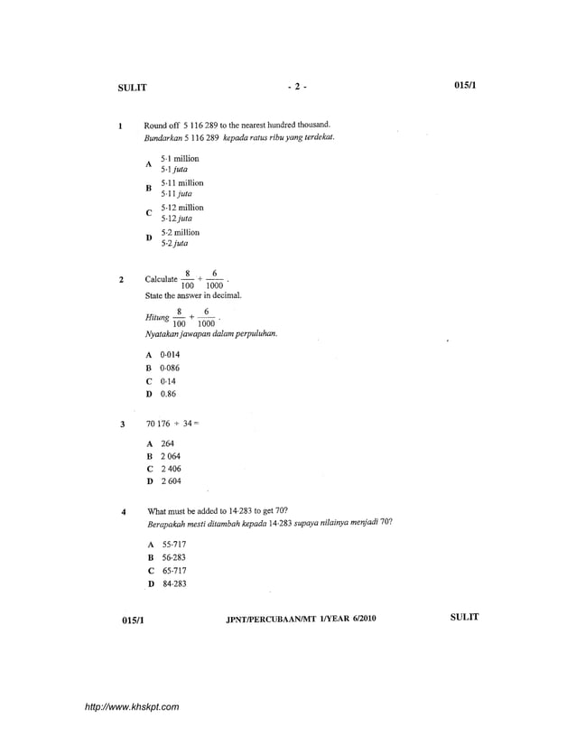 Soalan Percubaan UPSR Matematik | DOC