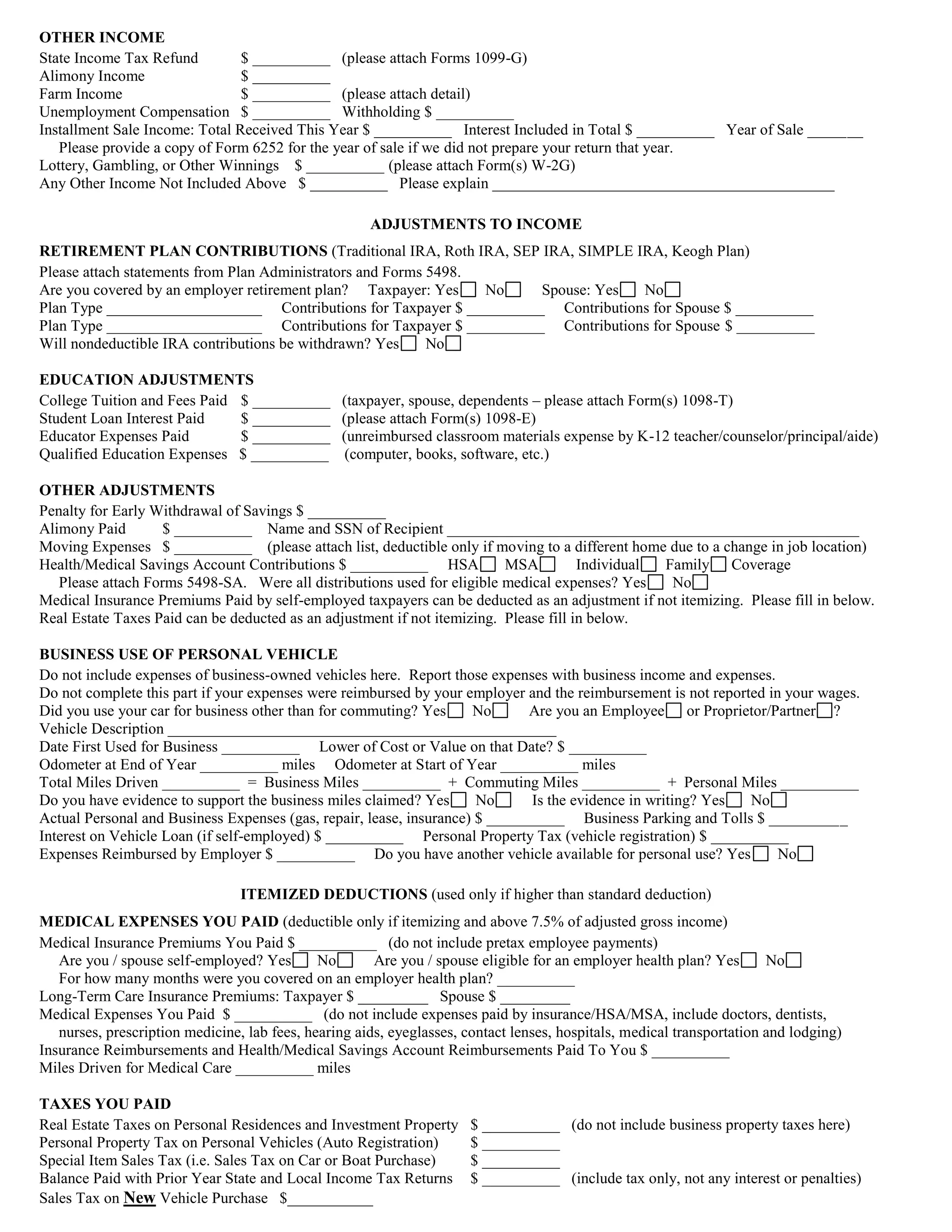 2010 Personal Income Tax Questionnaire | PDF