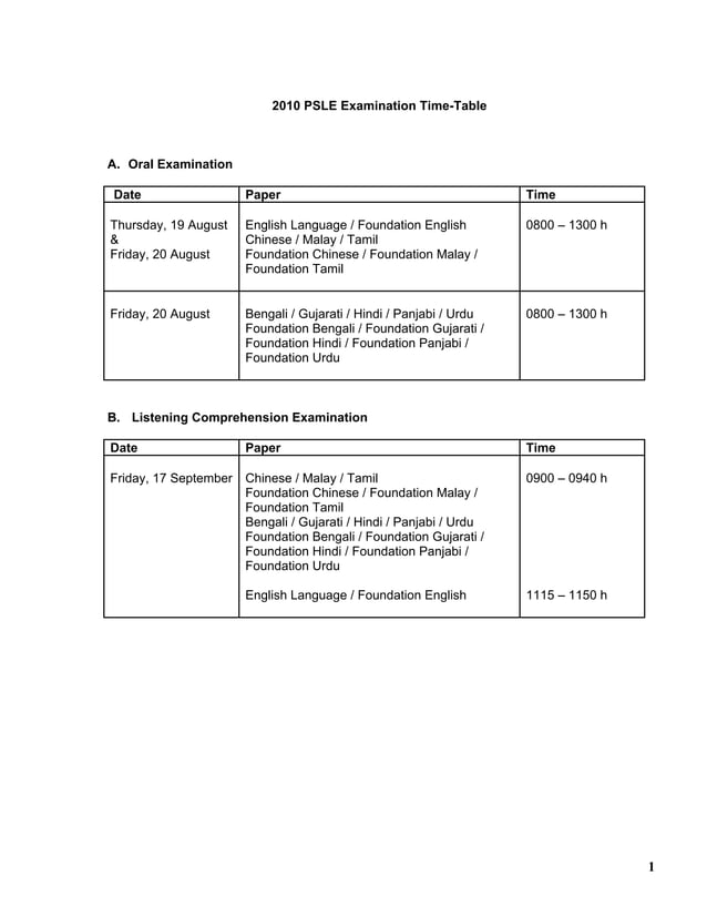 2010 Psle Examination Time Table | PDF | Educational Assessment | Education
