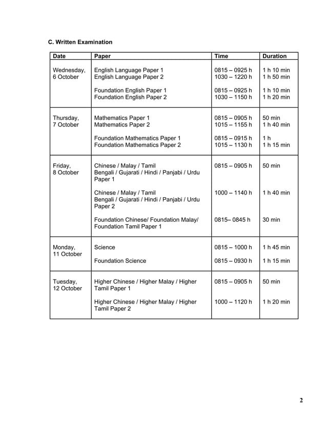 2010 Psle Examination Time Table | PDF | Educational Assessment | Education