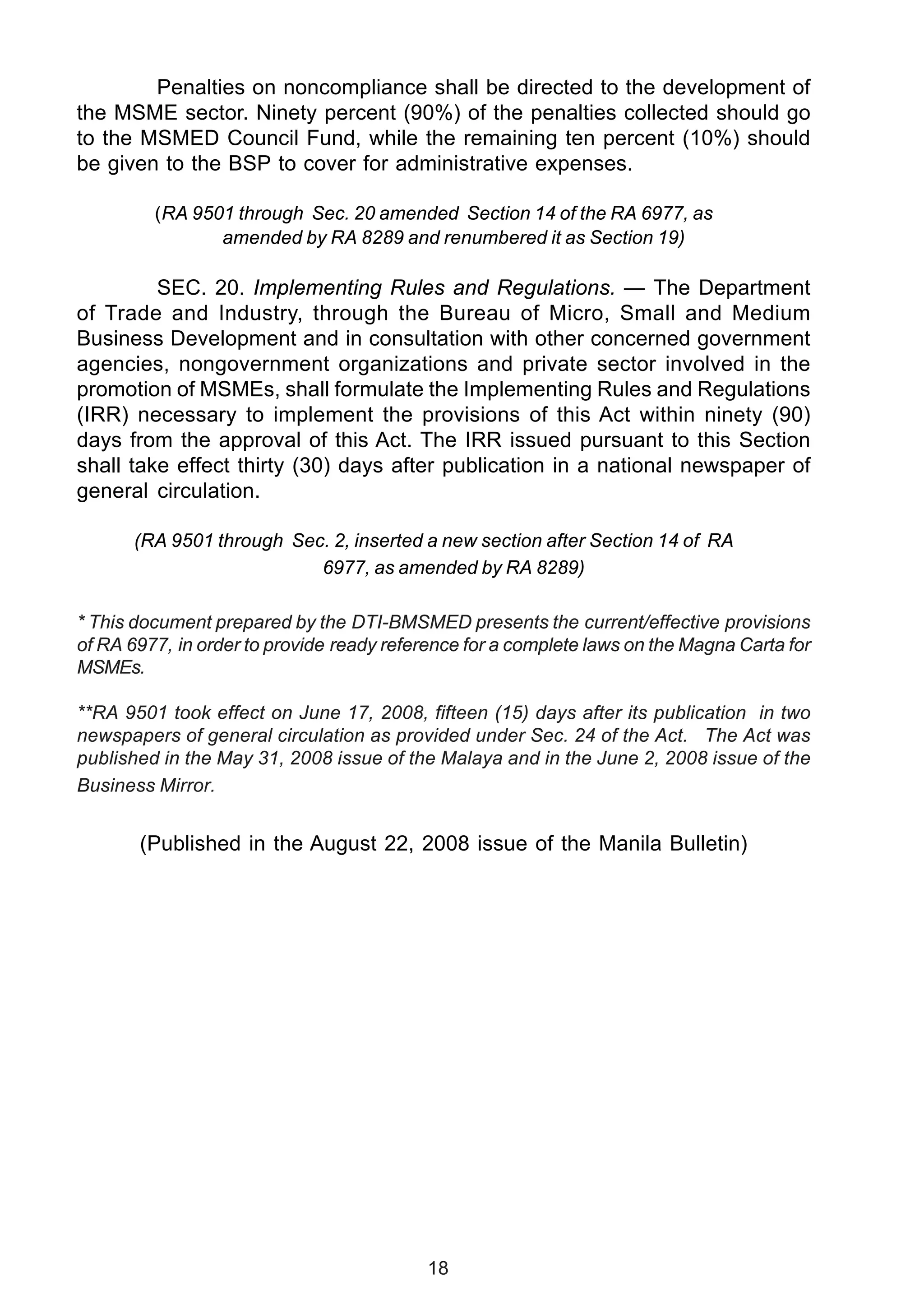 Magna Carta for MSME's (2010) R.A. 9501 | PDF