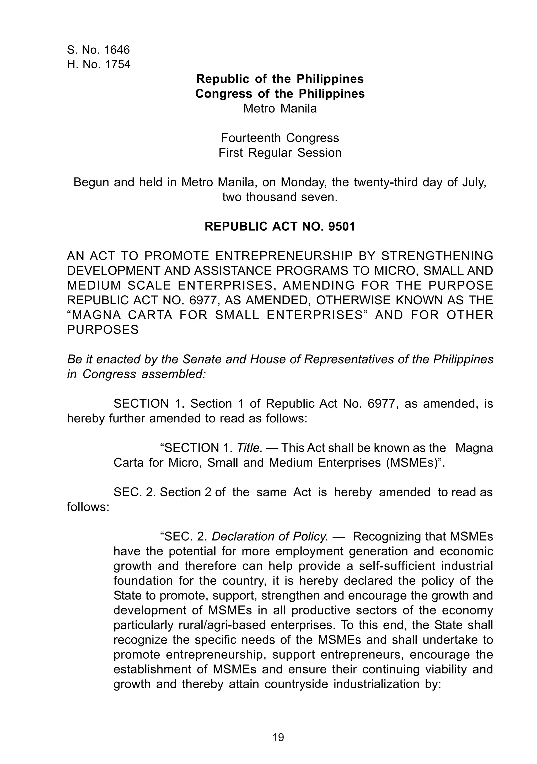 Magna Carta for MSME's (2010) R.A. 9501 | PDF