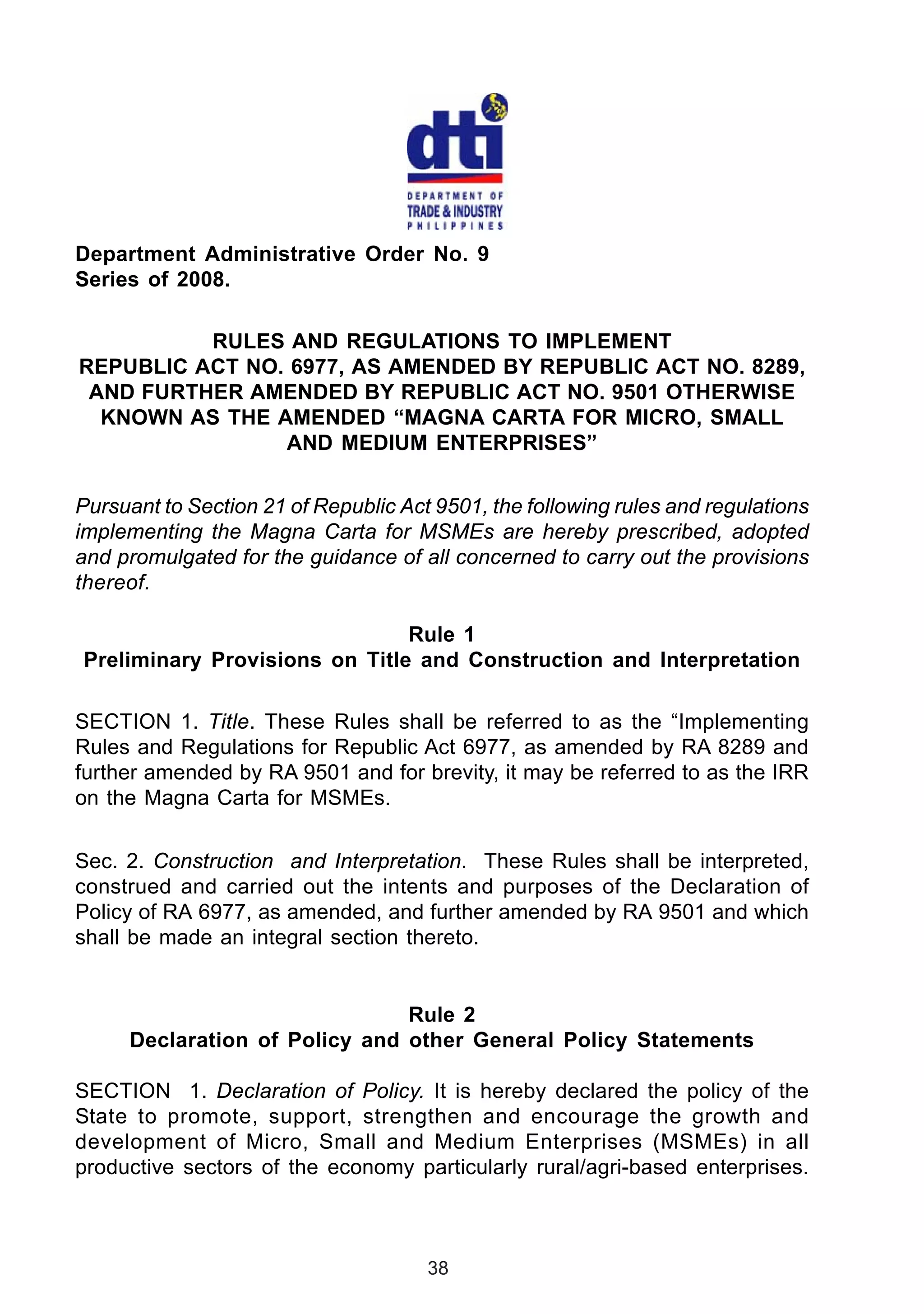 Magna Carta for MSME's (2010) R.A. 9501 | PDF
