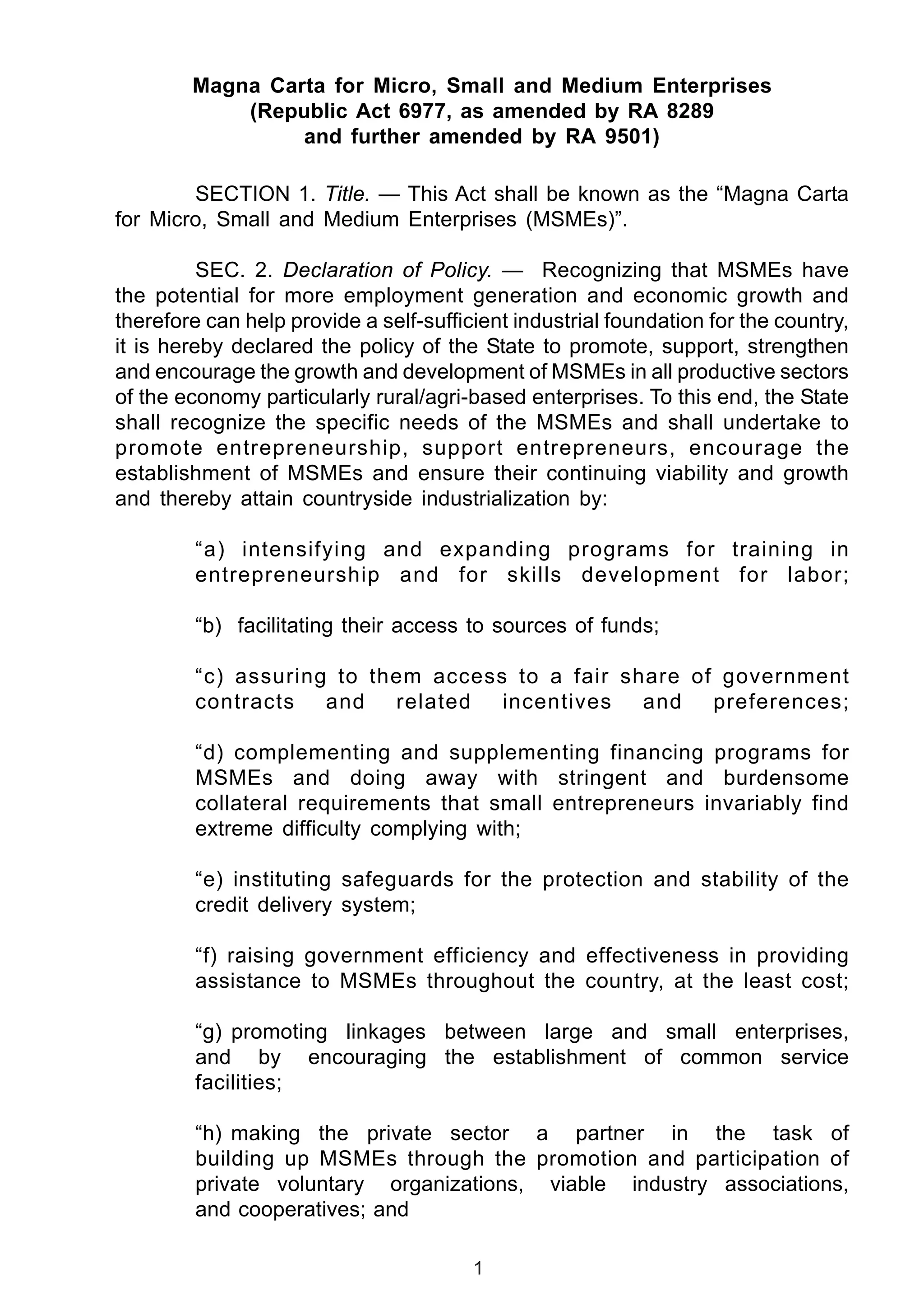 Magna Carta for MSME's (2010) R.A. 9501 | PDF