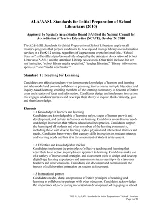 ALA/AASL Standards for Initial Preparation of School Librarians (2010 ...