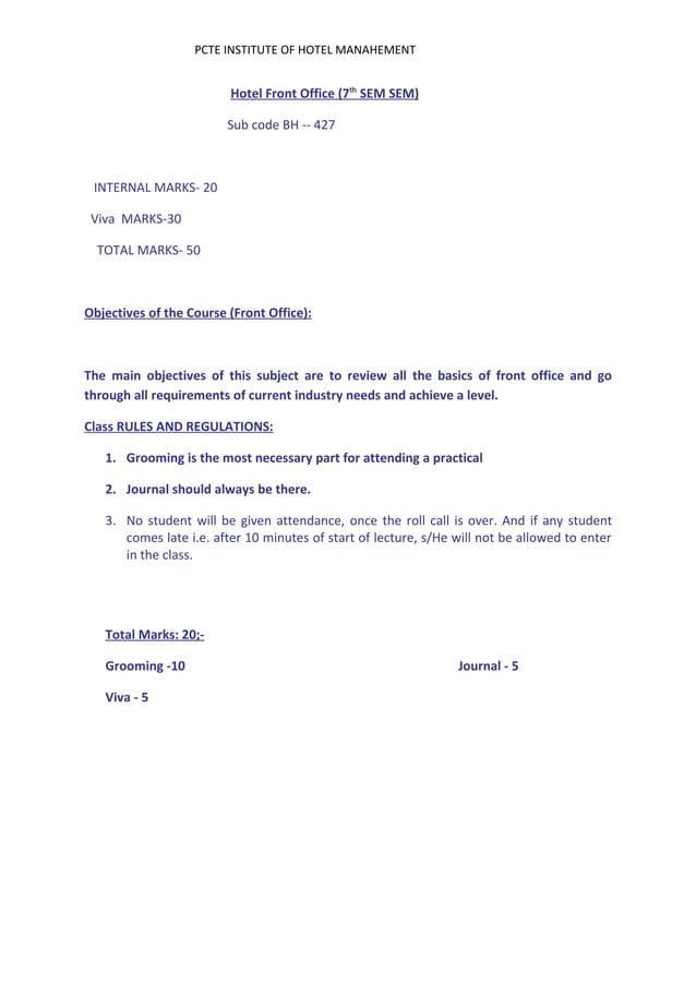 2010th sem course module front office practicle | PDF