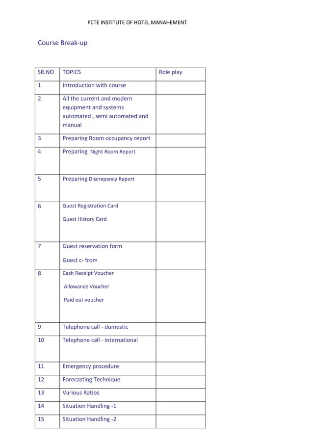 2010th sem course module front office practicle | PDF