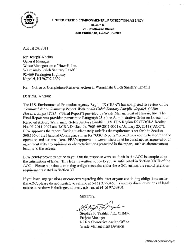 EPA Waimanalo Gulch Landfill Completion Letter | PDF