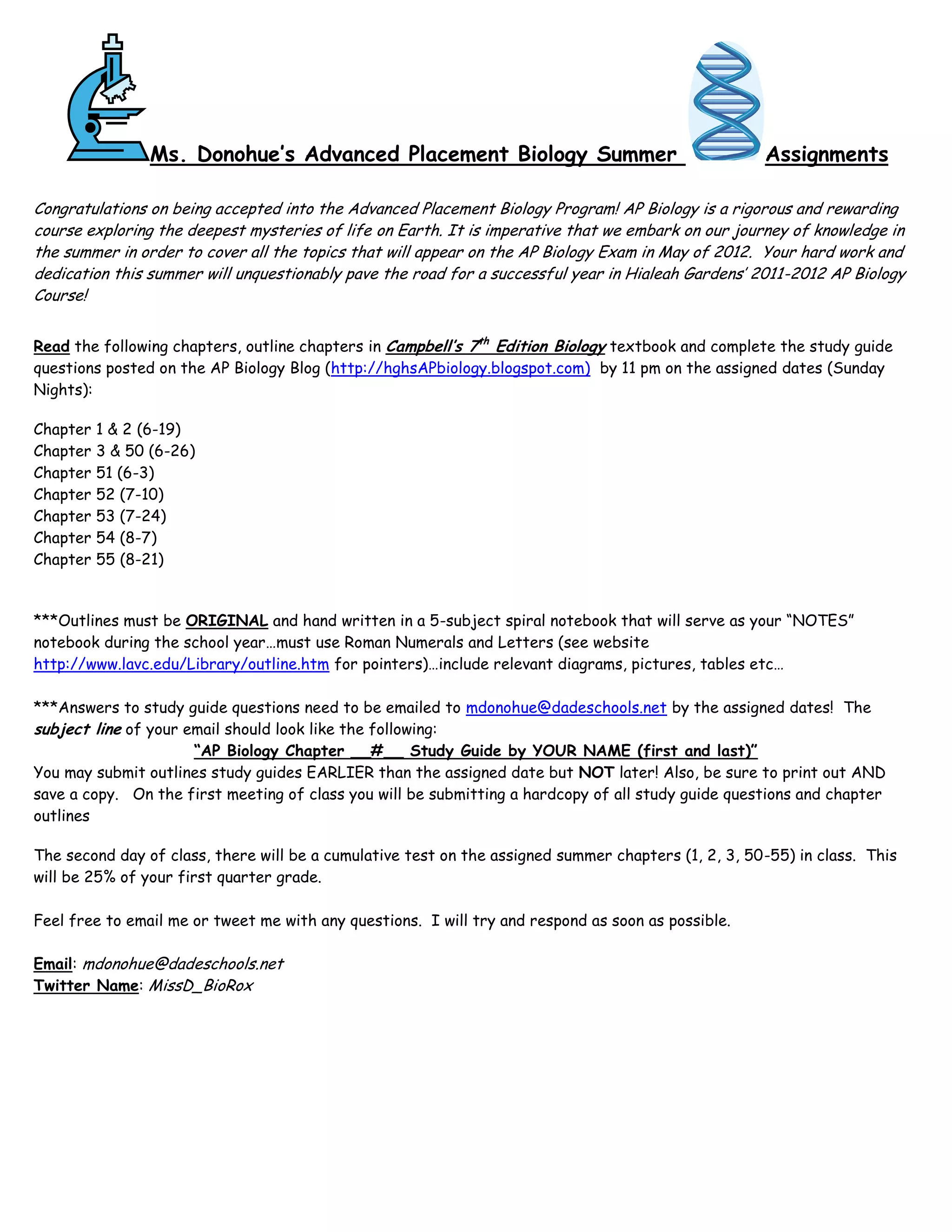 2011 2012 hghs ap biology summer packet | DOCX