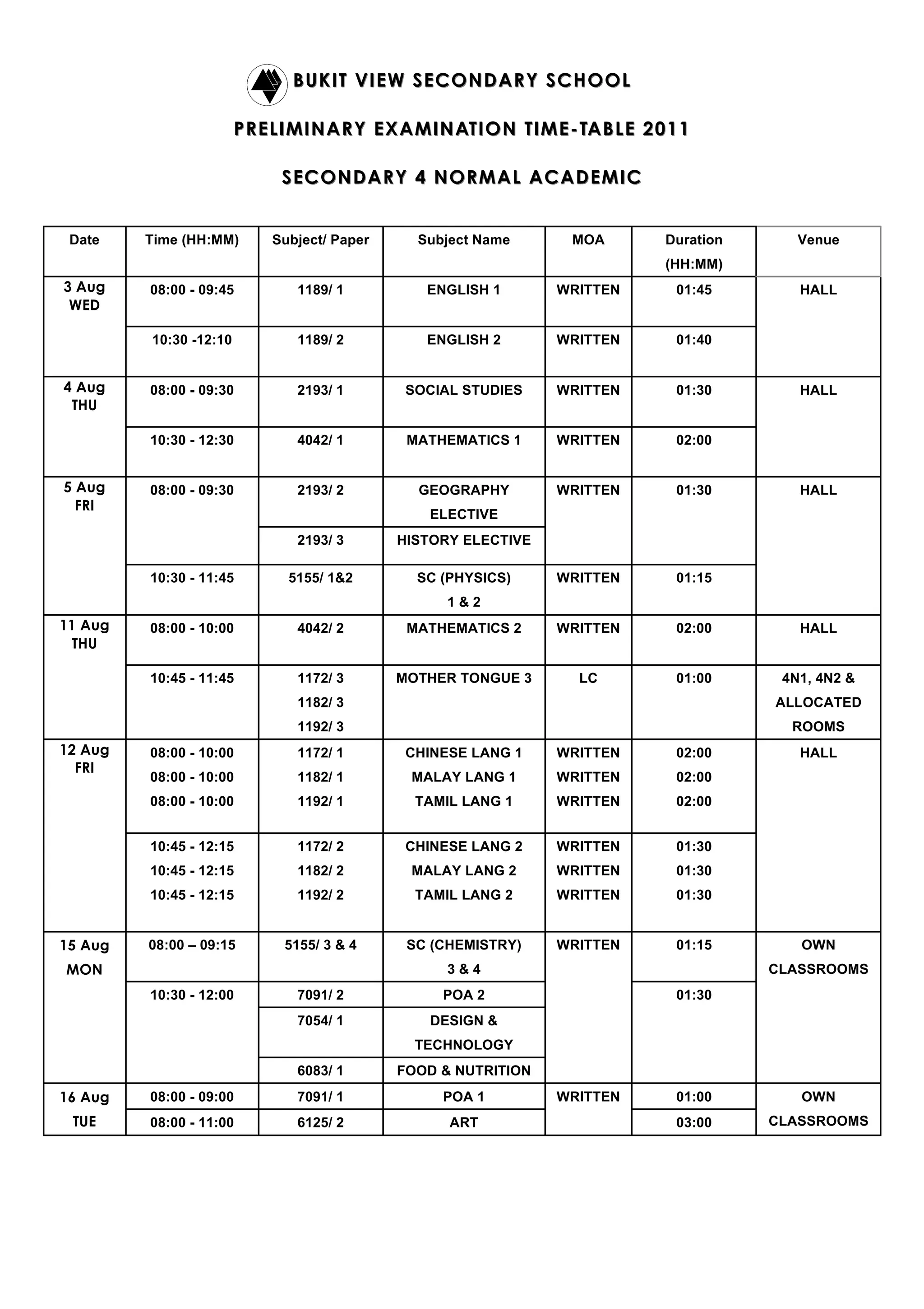 Prelim Timetable | PDF