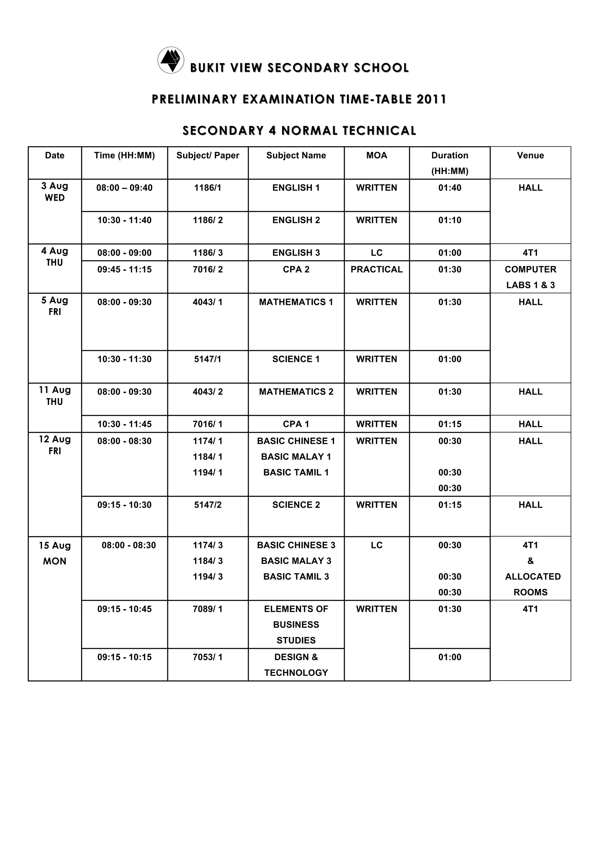 Prelim Timetable | PDF