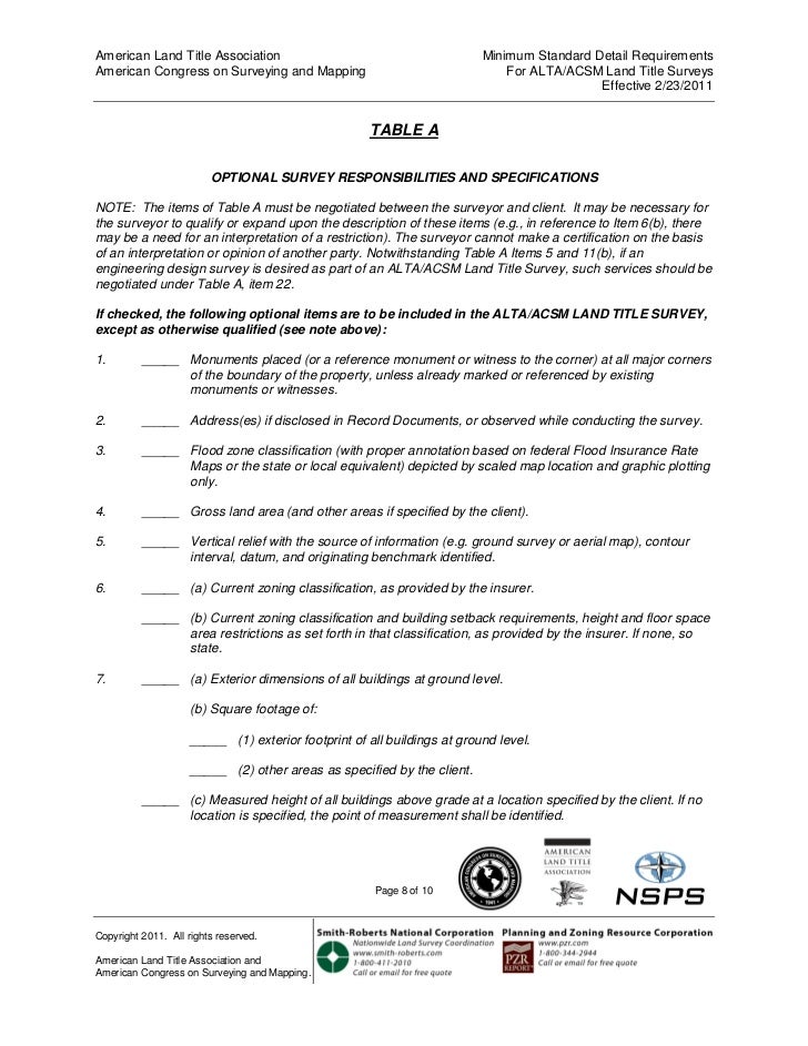 Table A 2011 ALTA ACSM Survey Responsibilities